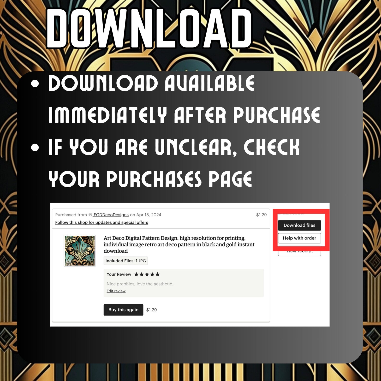 Art Deco Graphics Digital Pattern, High-resolution Black & Gold Retro ...
