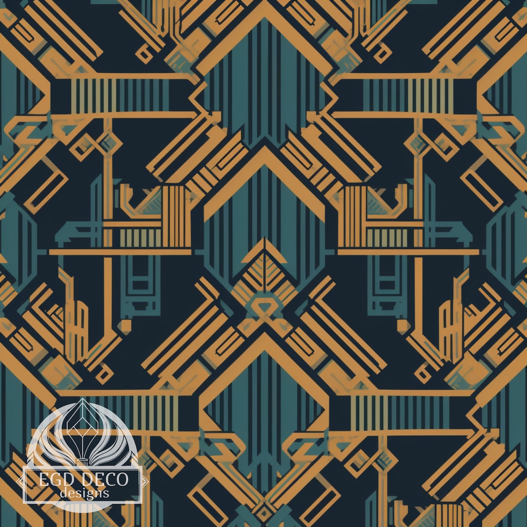 Art Deco Pattern Digital Design in Blue and Orange - High Resolution ...