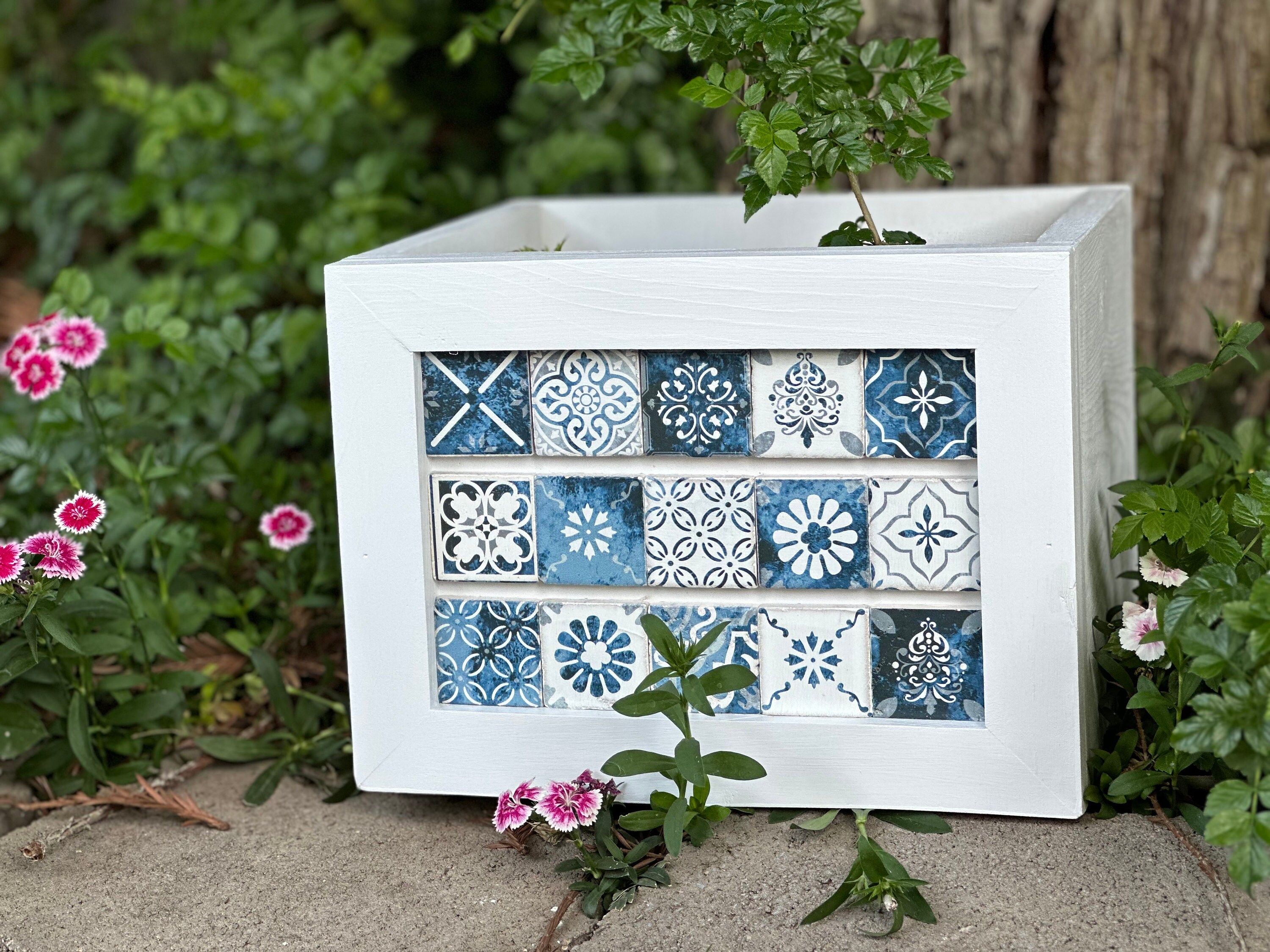 Lovely White Planter Box With Grecian Tiles for You Garden! Perfect for ...