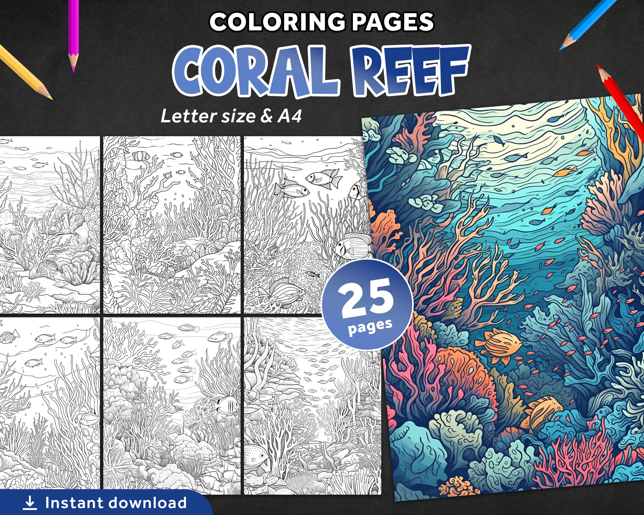 25 Coloring Pages Coral Reef, Printable Coloring Book, Sea, Reef, Sea ...