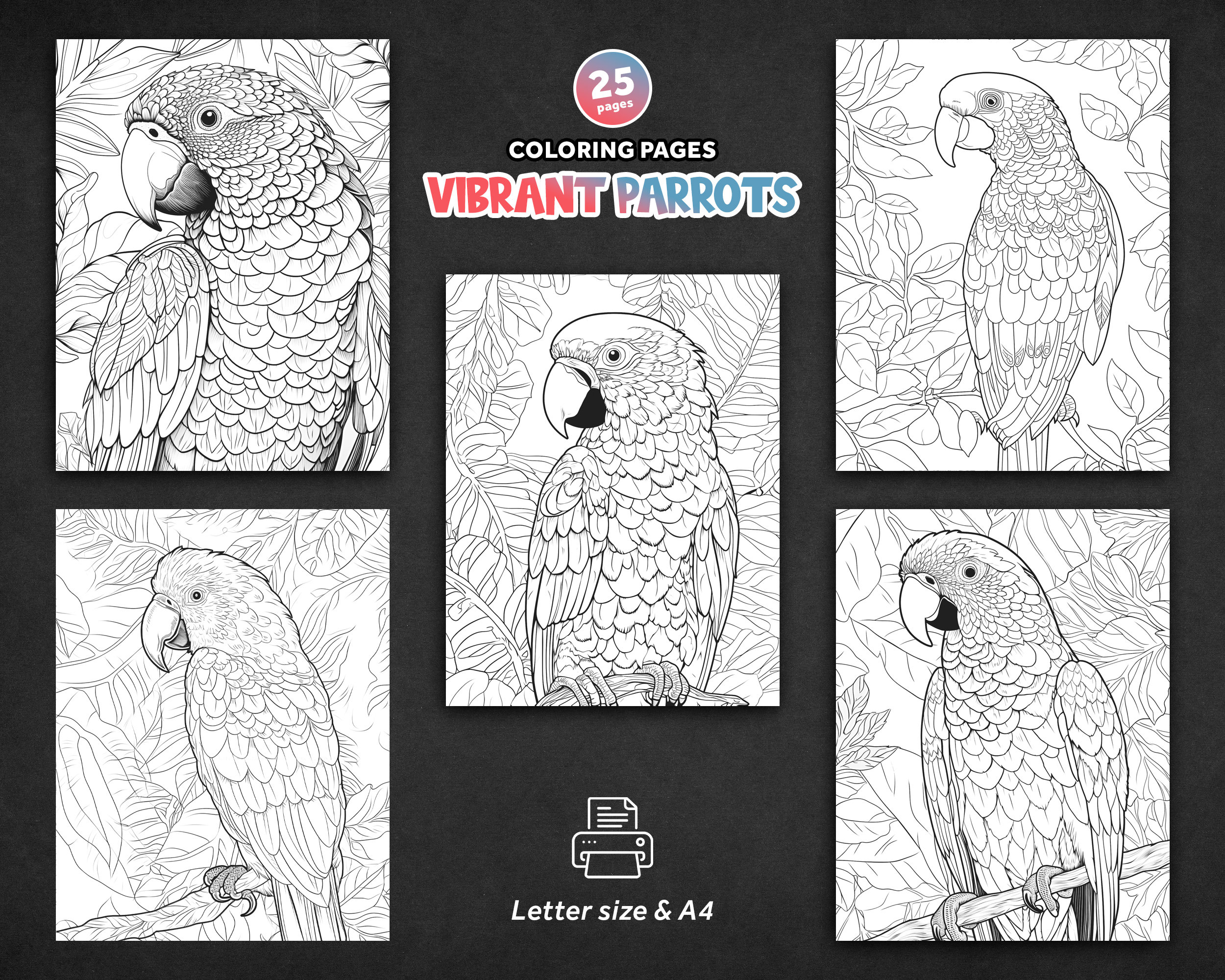 25 Coloring Pages Parrots, Printable Coloring Book, Vibrant Birds ...