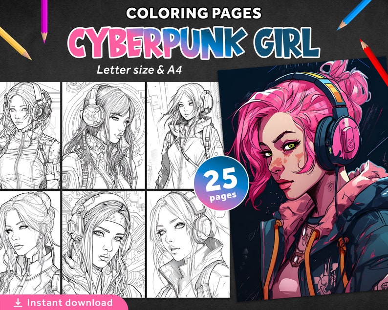 25 Coloring Pages Cyberpunk Girl Cyberwoman Futuristic - Etsy