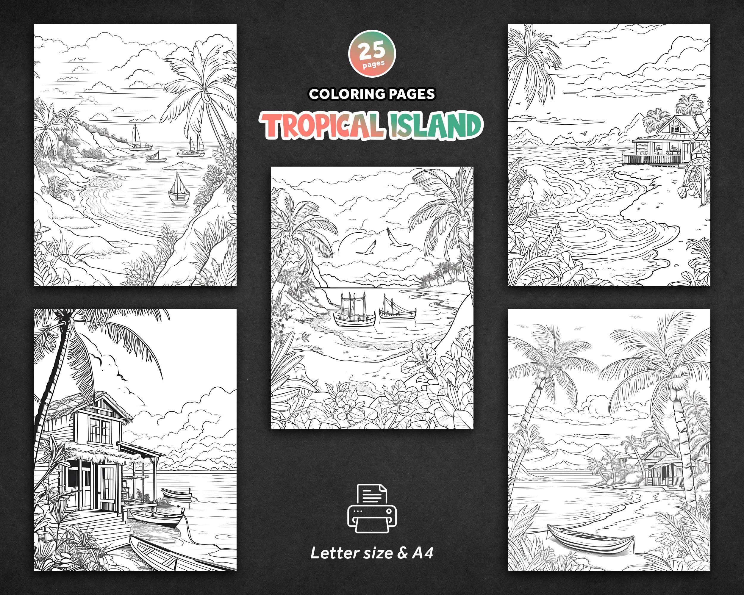 25 Coloring Pages Tropical Island, Printable Coloring Book, Sea, Beach ...