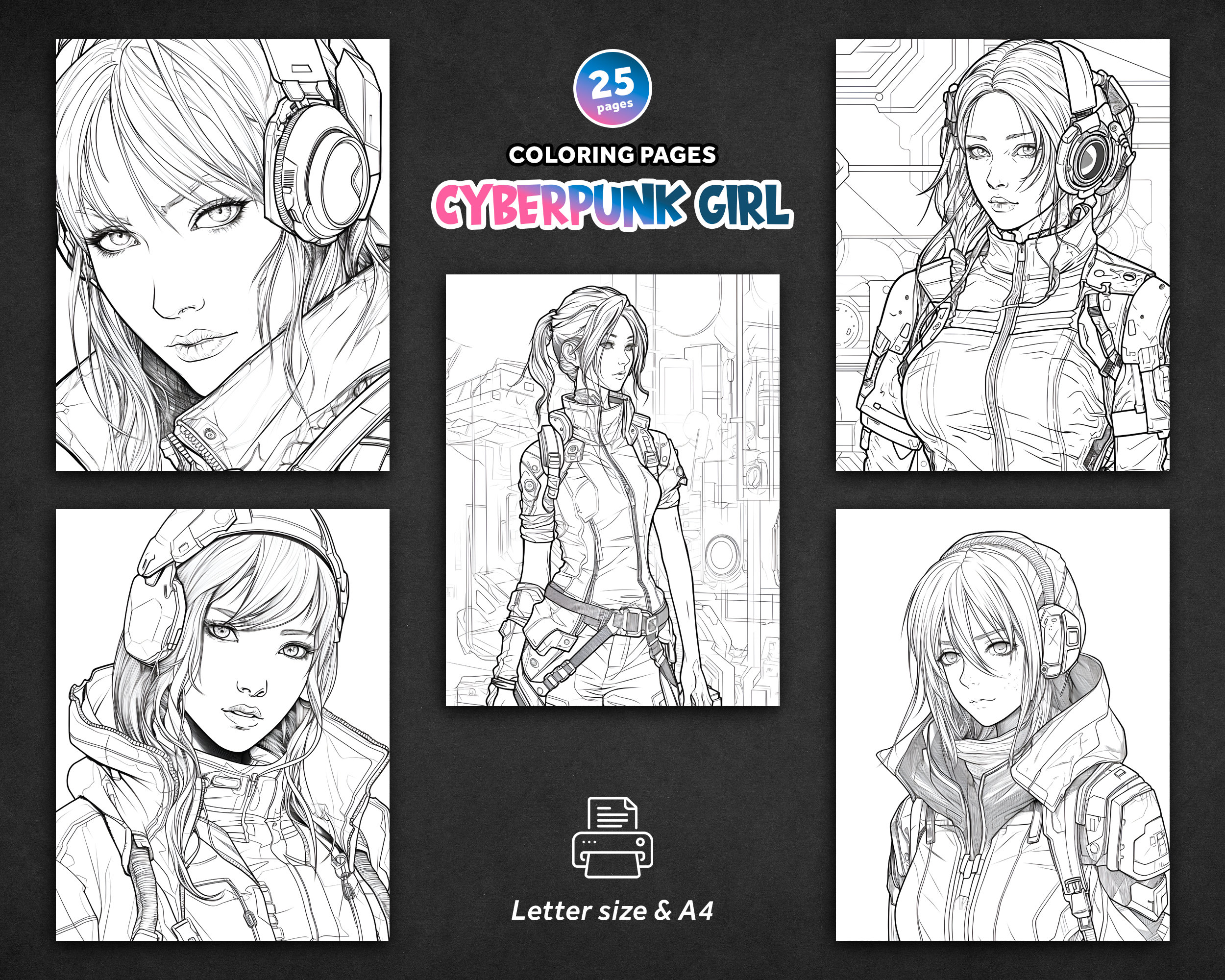 25 Coloring Pages Cyberpunk Girl, Cyberwoman, Futuristic Printable ...