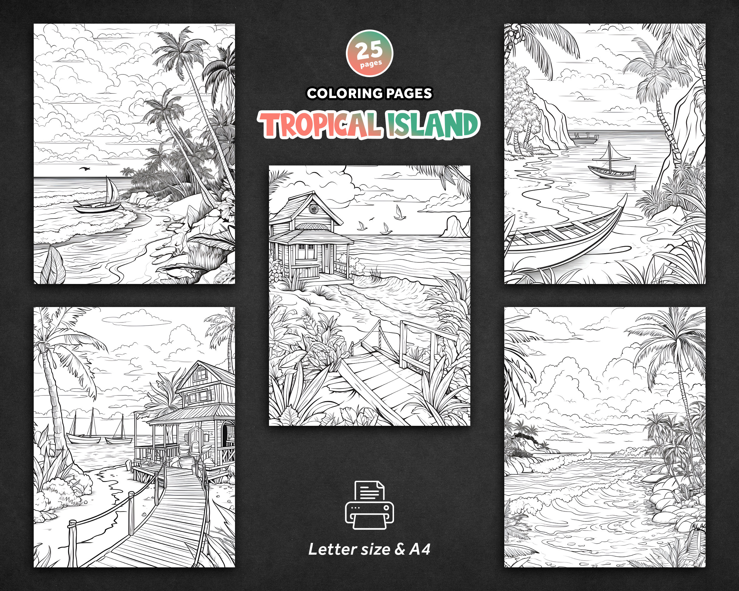 25 Coloring Pages Tropical Island, Printable Coloring Book, Sea, Beach ...