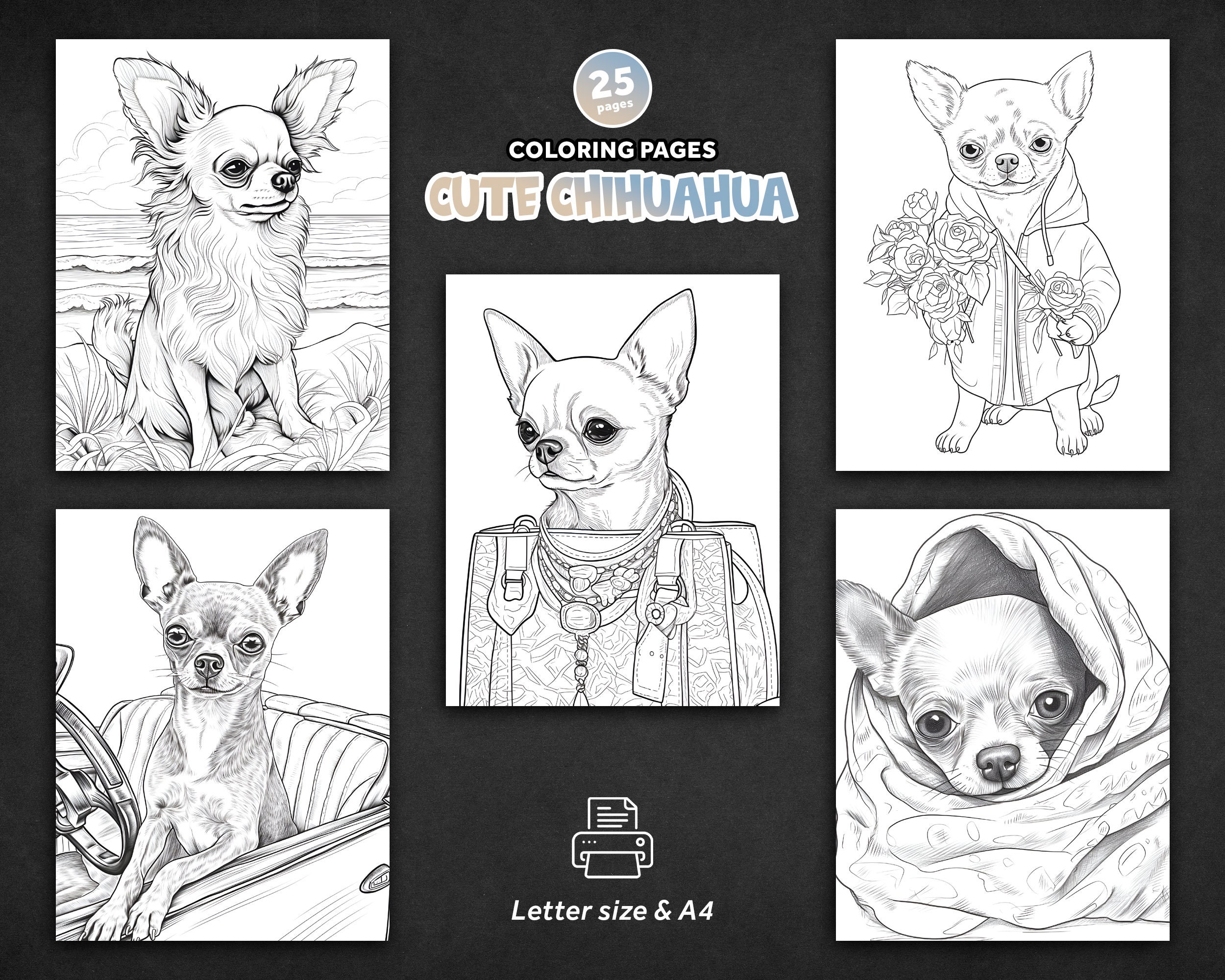 25 Coloring Pages Chihuahua, Printable Coloring Book, Dogs, Puppy, Kids ...