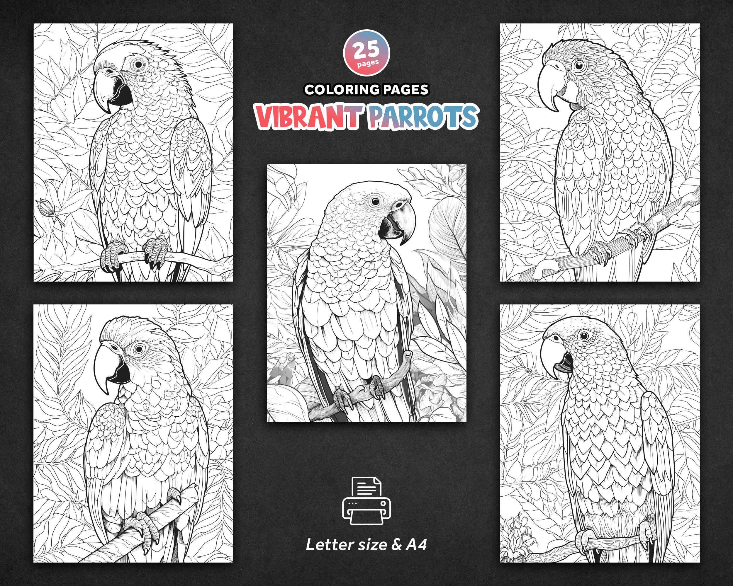 25 Coloring Pages Parrots, Printable Coloring Book, Vibrant Birds ...