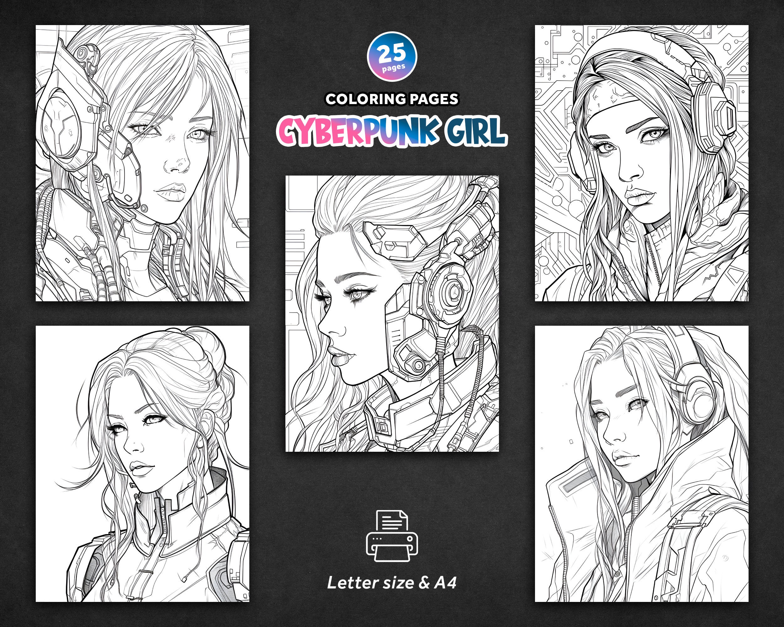 25 Coloring Pages Cyberpunk Girl, Cyberwoman, Futuristic Printable ...