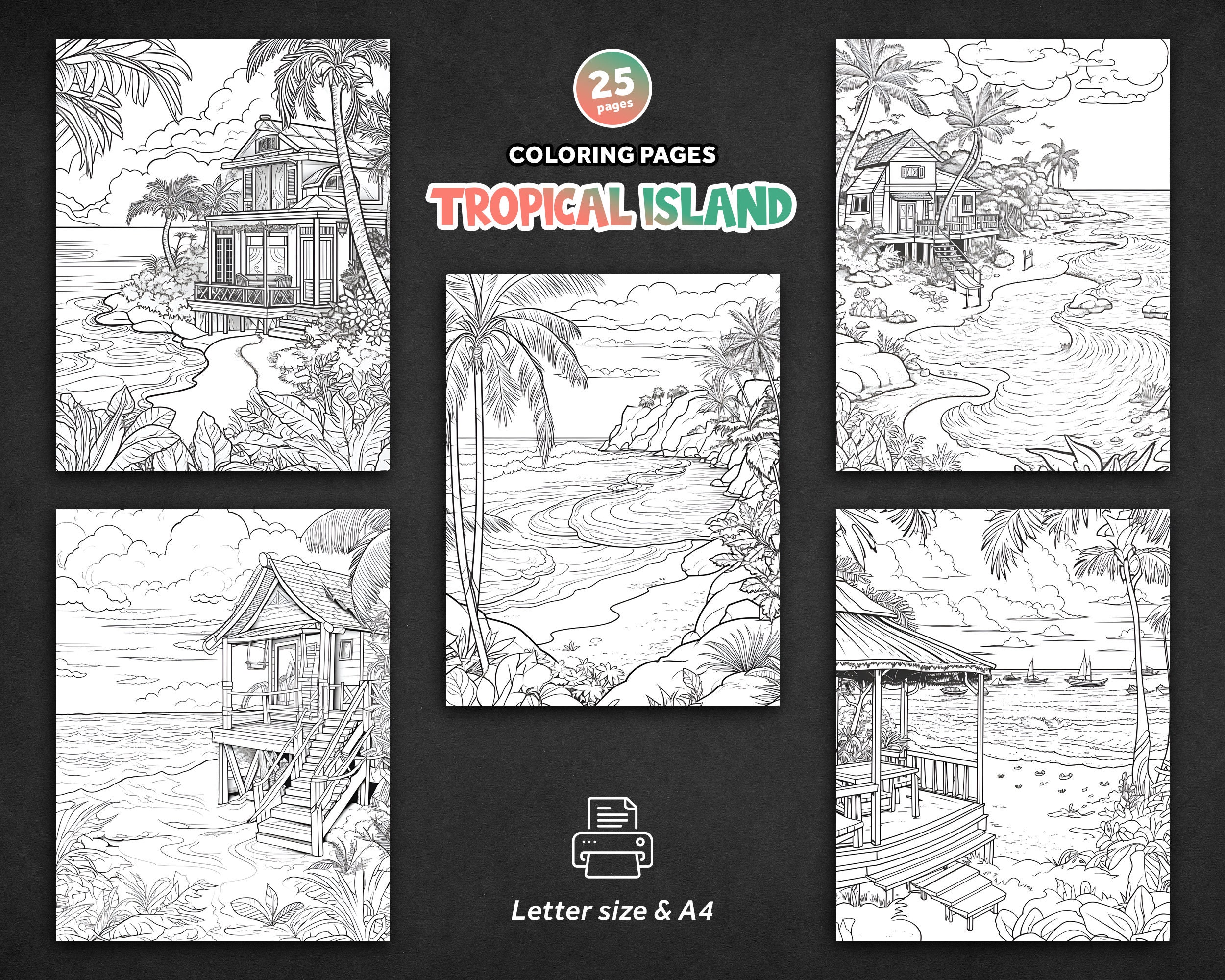 25 Coloring Pages Tropical Island, Printable Coloring Book, Sea, Beach ...