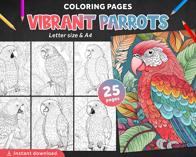 25 Coloring Pages Parrots Printable Coloring Book Vibrant - Etsy