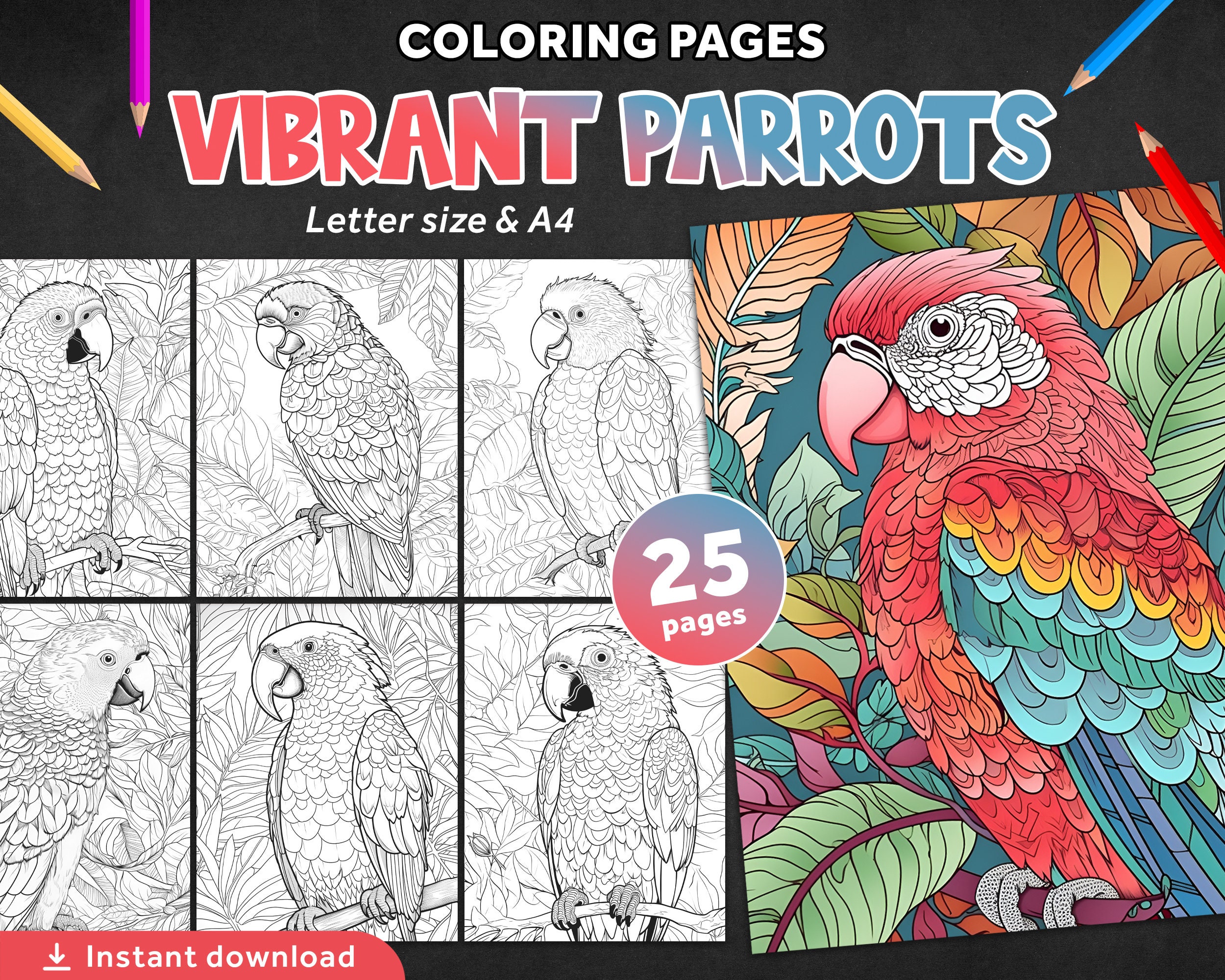 25 Coloring Pages Parrots, Printable Coloring Book, Vibrant Birds ...