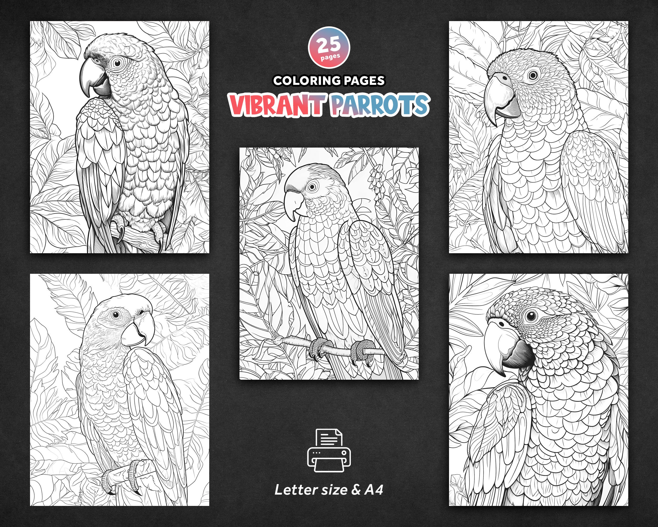 25 Coloring Pages Parrots, Printable Coloring Book, Vibrant Birds ...