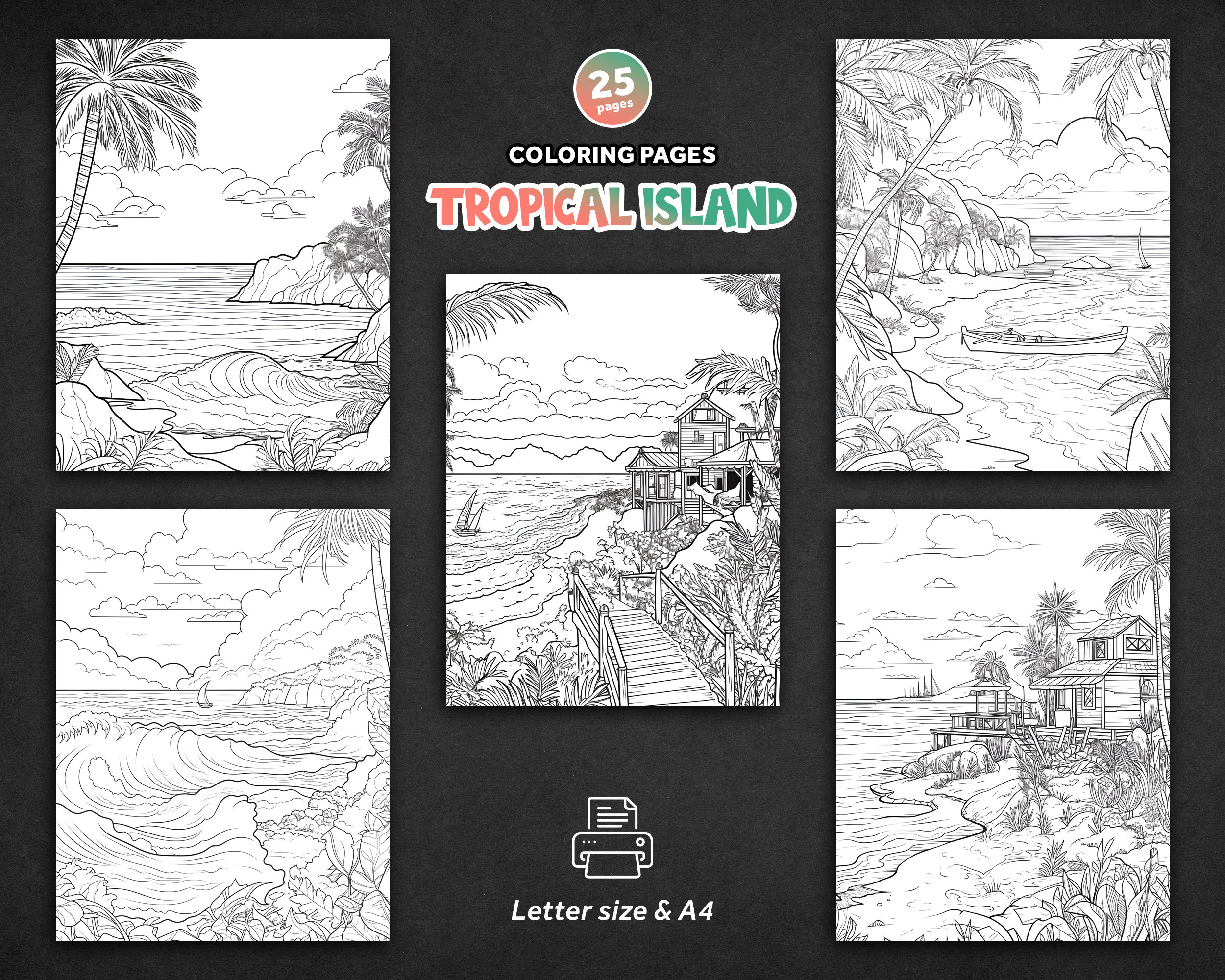 25 Coloring Pages Tropical Island, Printable Coloring Book, Sea, Beach ...