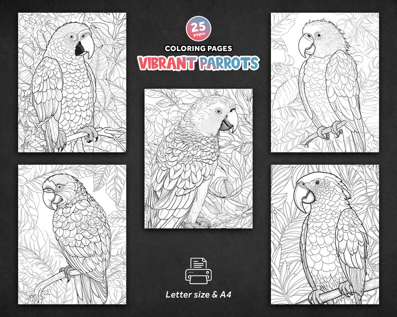 25 Coloring Pages Parrots, Printable Coloring Book, Vibrant Birds ...
