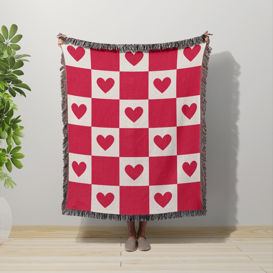 Hearts Red Checkered Blanket Gift,valentines Woven Throw Blanket,retro ...