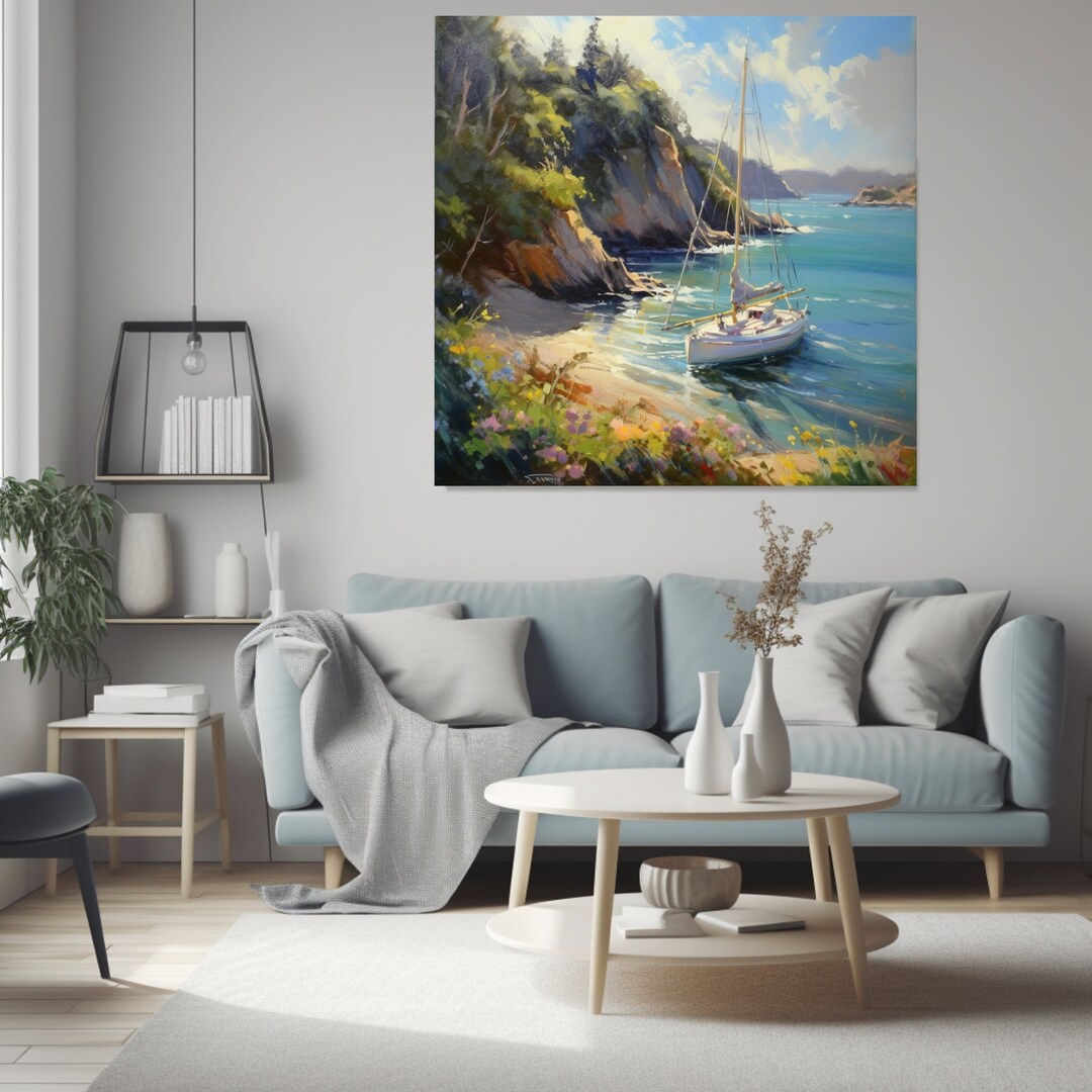 Sail Boat in Cove Art Sail Boat Wall Decor Boat Wall Art Sailing Canvas ...
