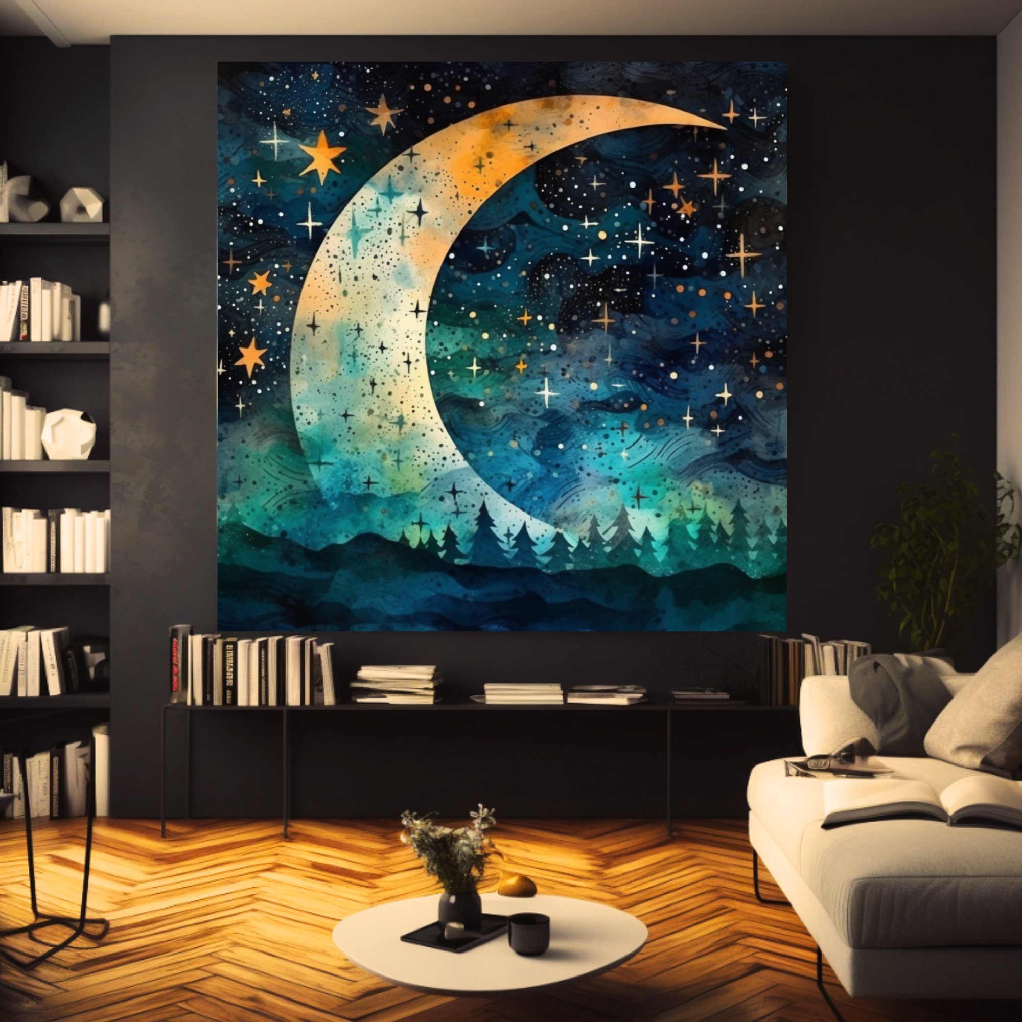 Moon Lit Sky | Stars Over Forest Canvas Wall Art | Night Stars Wall ...