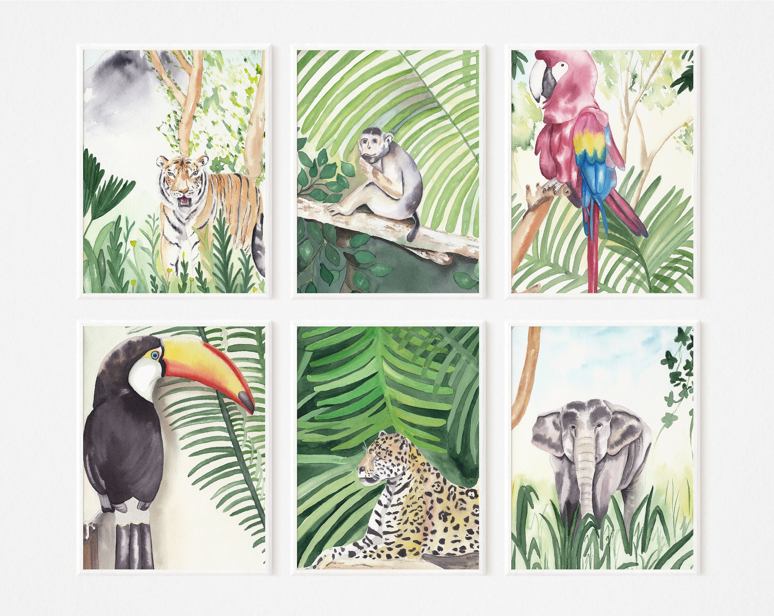 Set of 6 Safari Jungle Animal Watercolor Prints, Nursery Wall Art, Boy ...