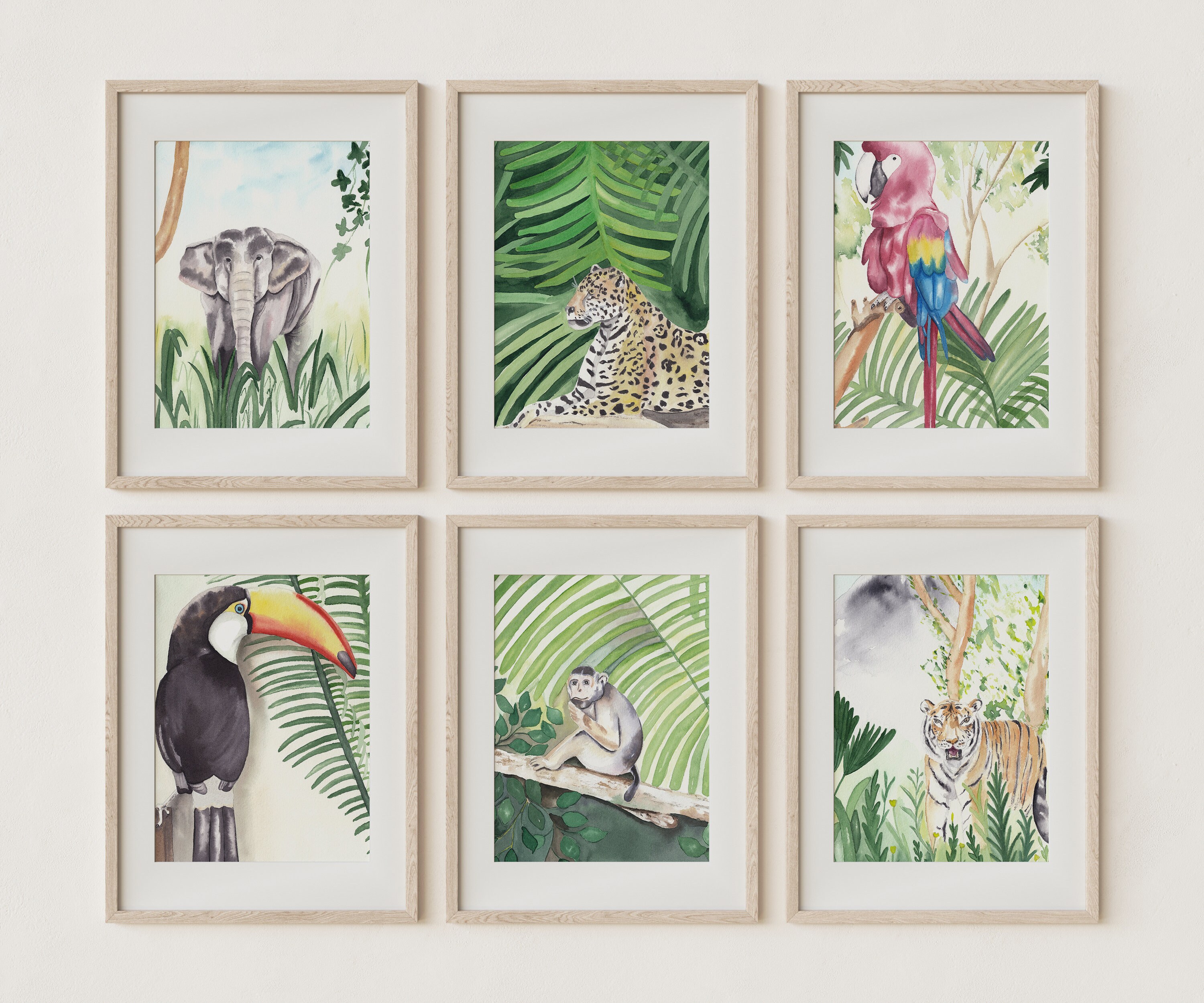 Set of 6 Safari Jungle Animal Watercolor Prints, Nursery Wall Art, Boy ...