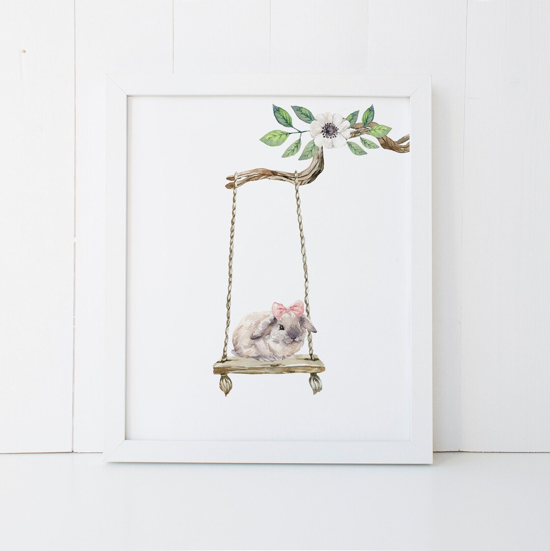 Bunny Nursery Print Rabbit Swing Wall Art Bunny With Bow - Etsy