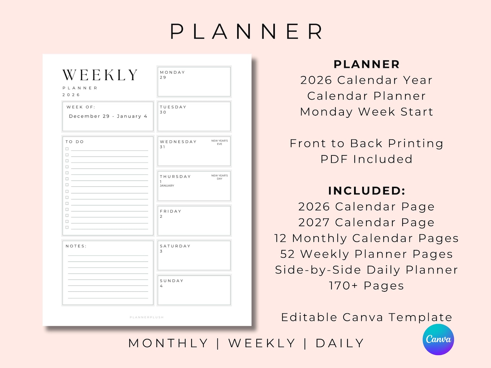 2026 Printable Planner: Weekly, Monthly, Daily Pages (digital Download ...