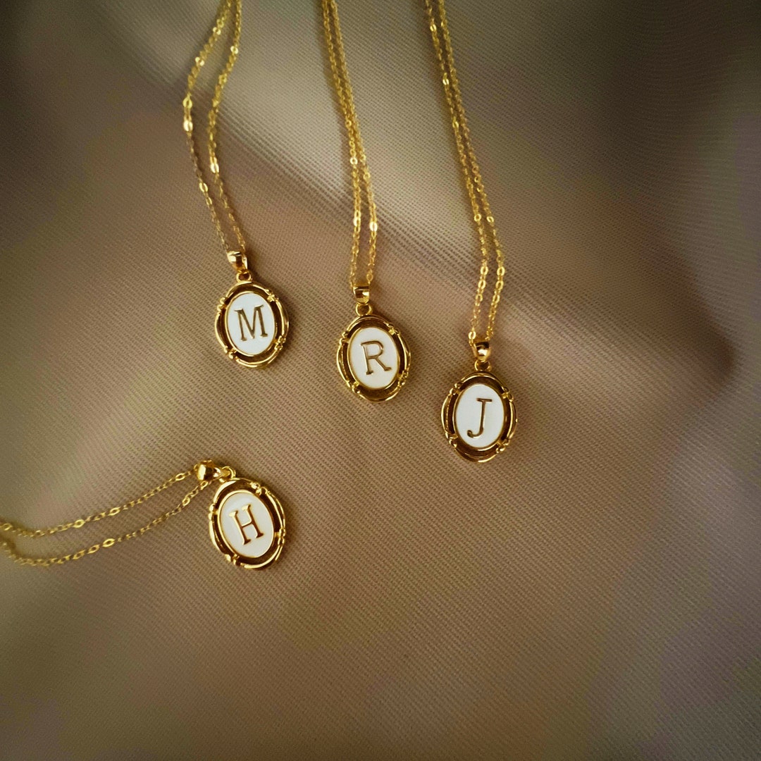 Vintage Gold Initial Necklace: Personalized Enamel Letter Pendant ...