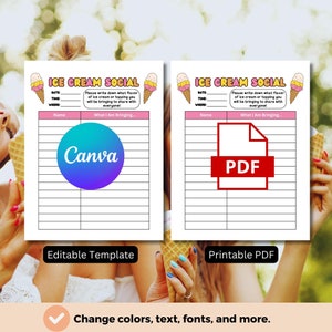 Ice Cream Social Sign up Sheet, Potluck Sign up Sheet, Printable Sign ...