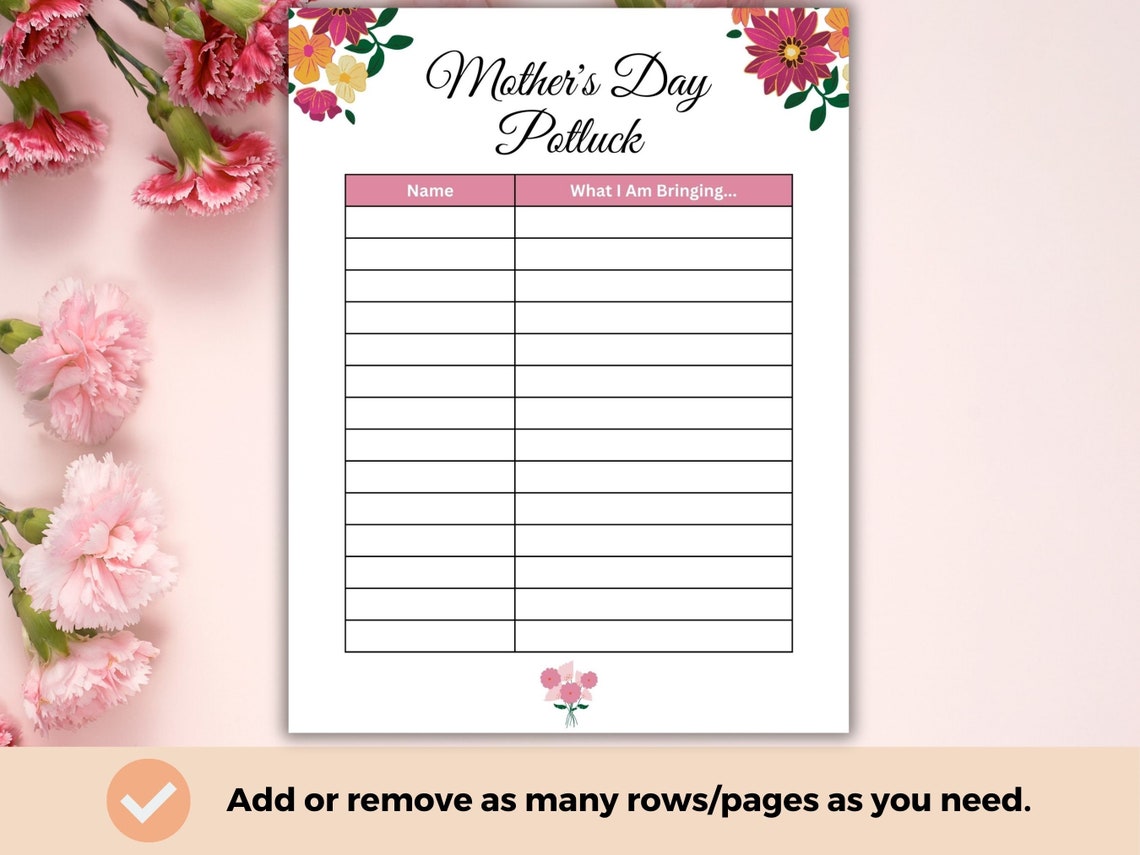 Mothers Day Potluck Sign up Sheet, Food Sign up Sheet, Printable Sign ...