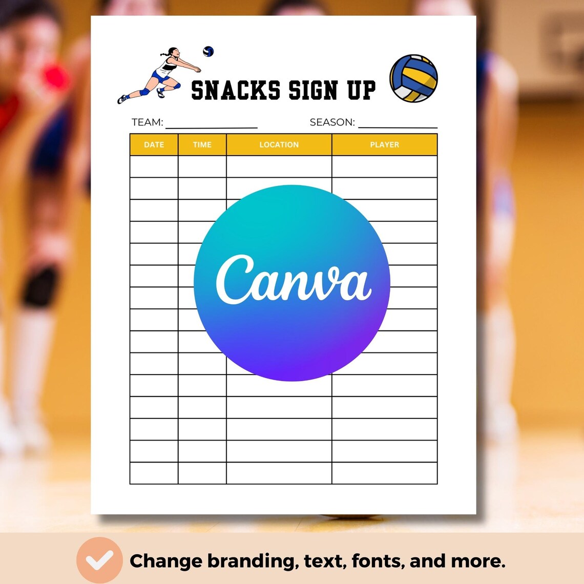 Gameday Snacks Sign up Sheet, Snack Sign up Sheet for Volleyball Team ...