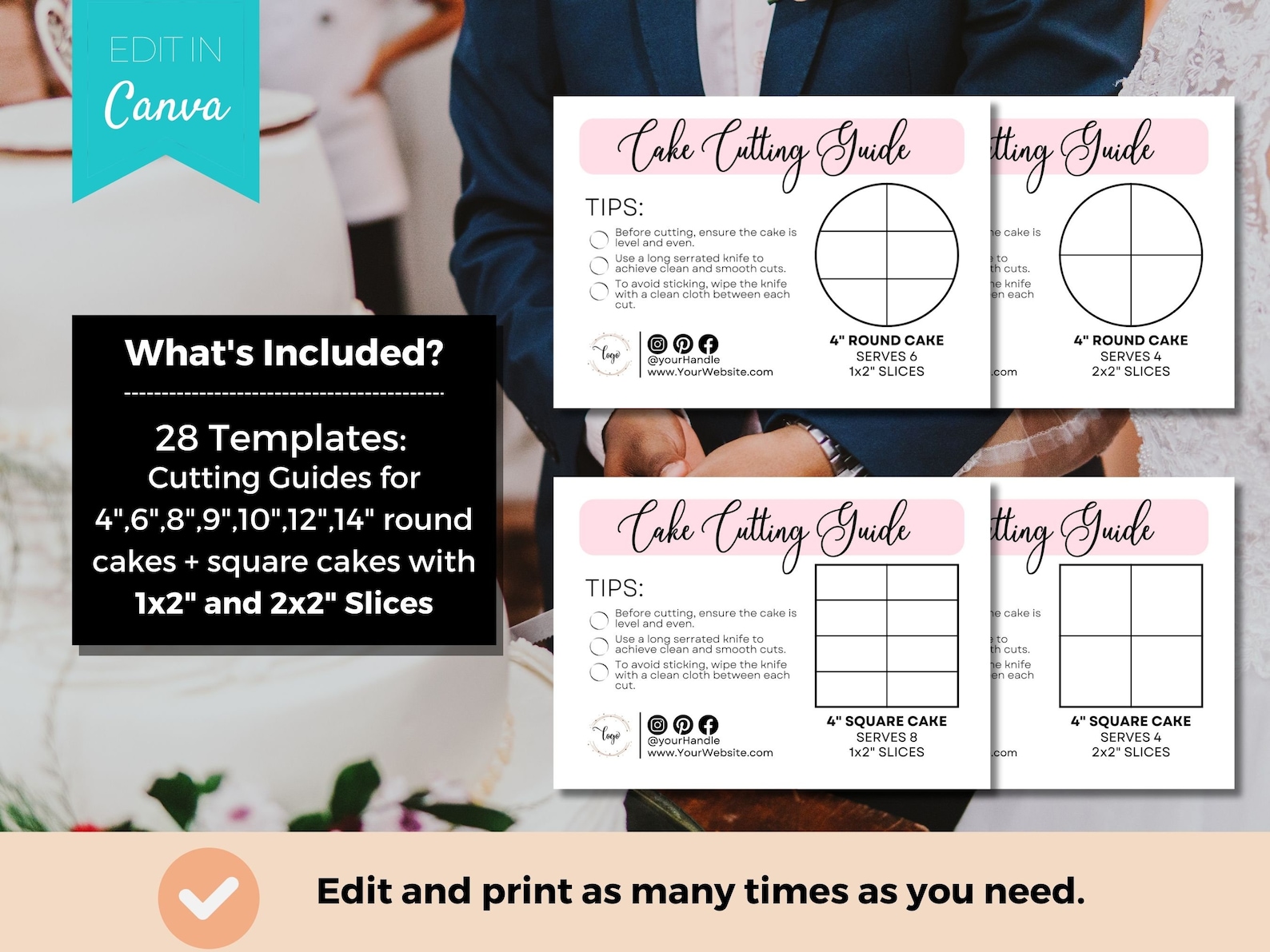 Cake Cutting Guide Bundle, Cake Serving Instructions, Editable Cake ...