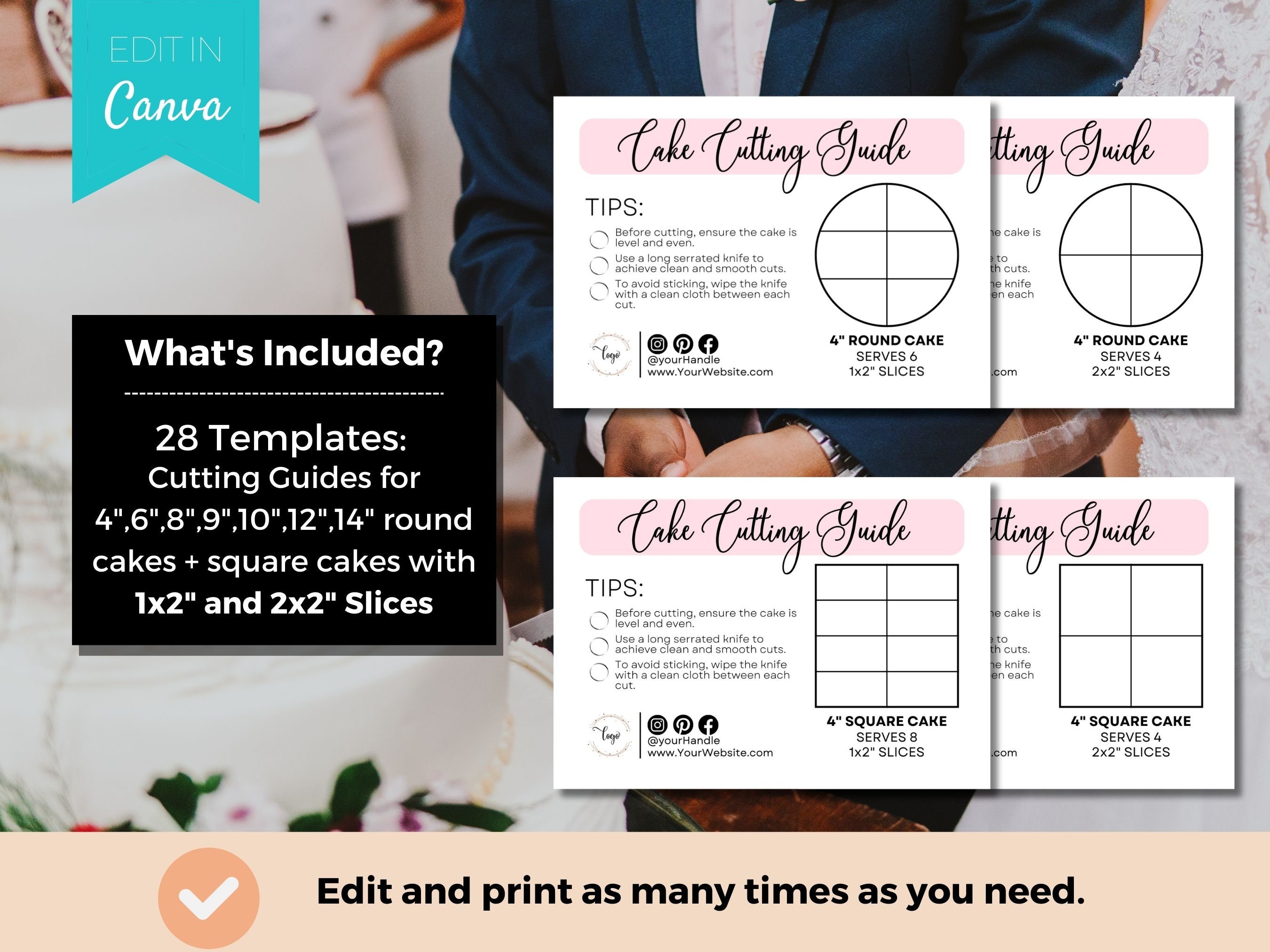 Cake Cutting Guide Bundle, Cake Serving Instructions, Editable Cake ...
