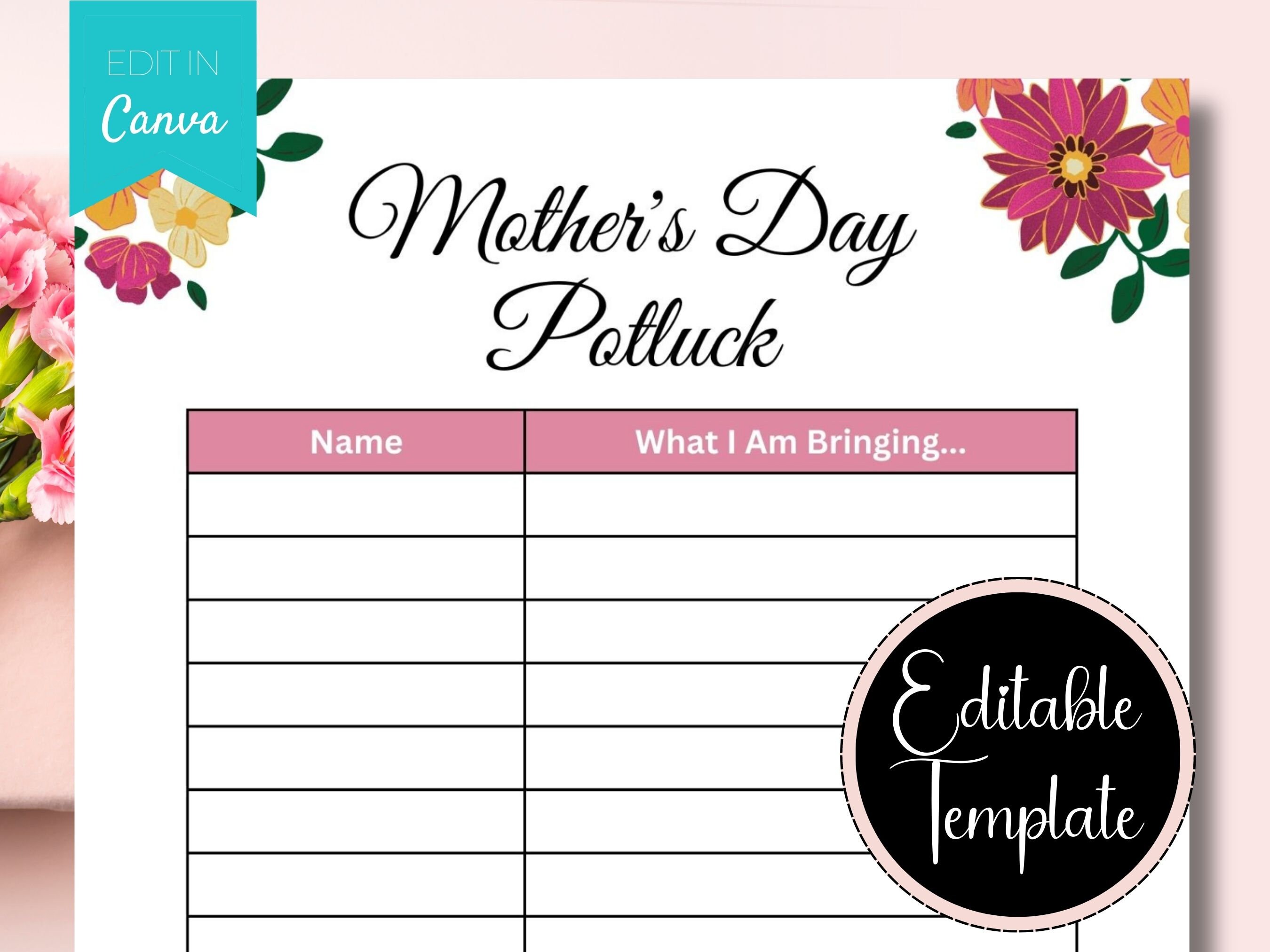 Mothers Day Potluck Sign up Sheet, Food Sign up Sheet, Printable Sign ...