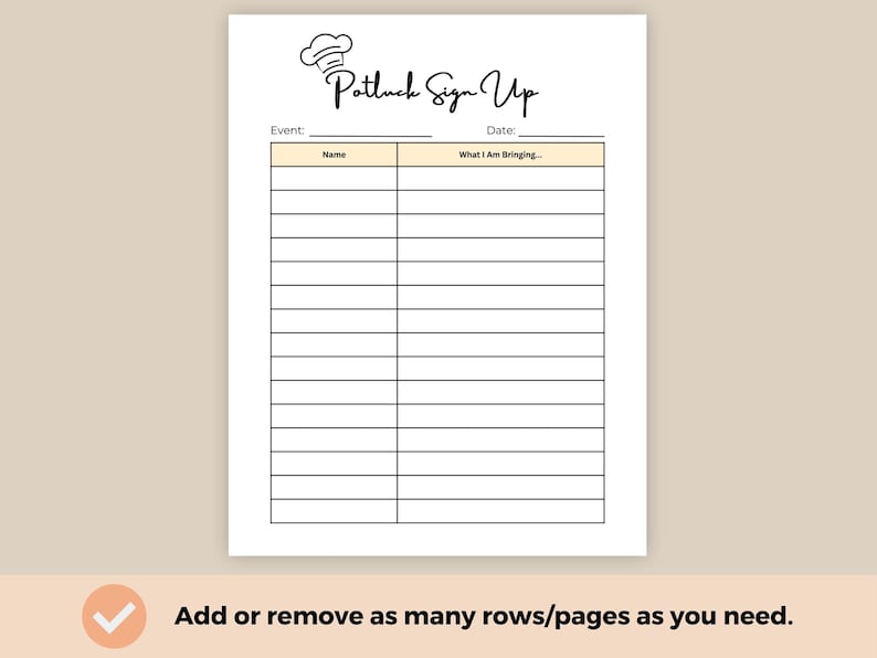 Potluck Sign up Sheet for Events, Food Sign up Sheet, Printable Sign up ...