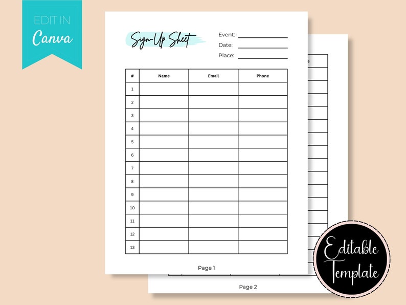 Sign up Sheet for Events, Printable Sign up Template, Editable Sign up ...