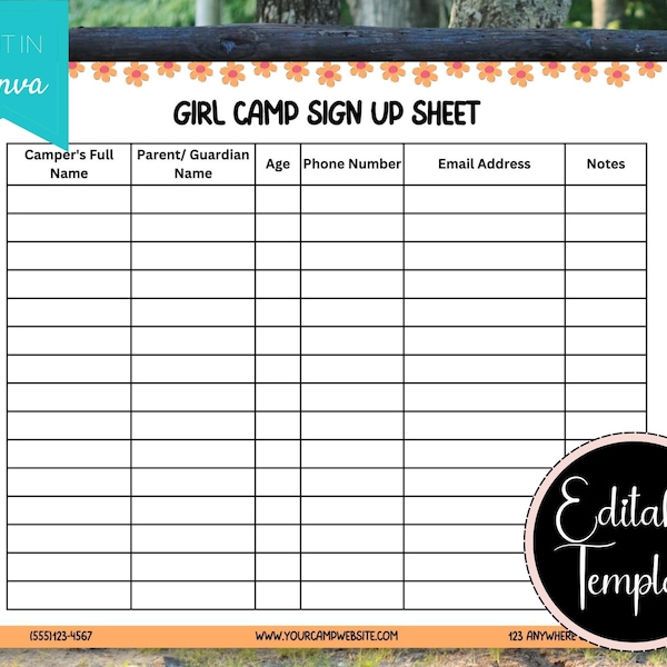 Camp Sign in Sheet - Etsy