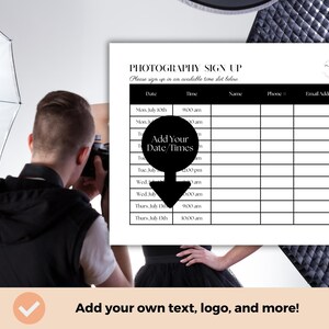 Photography Sign up Sheet, Printable Sign up Template, Editable Sign up ...