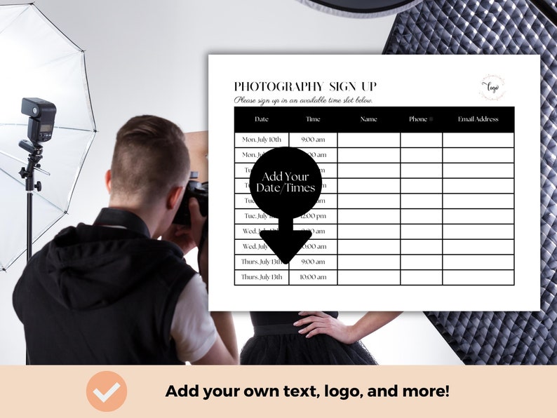 Photography Sign up Sheet, Printable Sign up Template, Editable Sign up ...