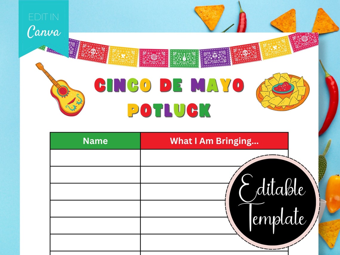 Cinco De Mayo Potluck Sign up Sheet, Food Sign up Sheet, Printable Sign ...