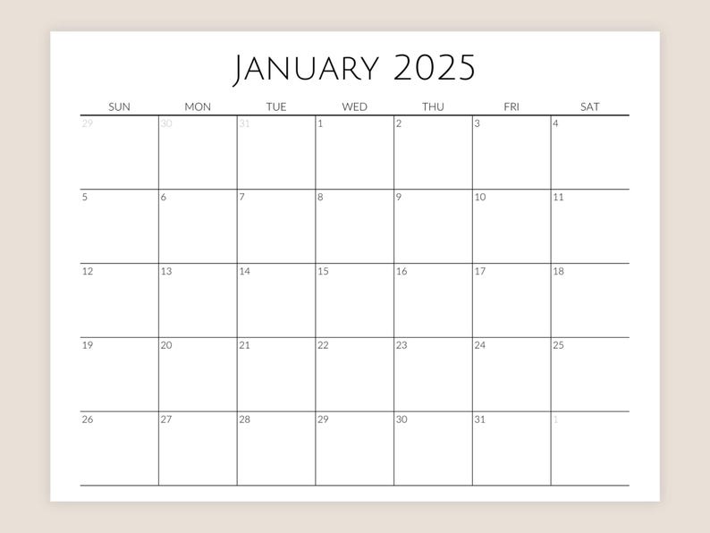 2025 Printable Monthly Calendar Landscape, Sunday and Monday Start ...