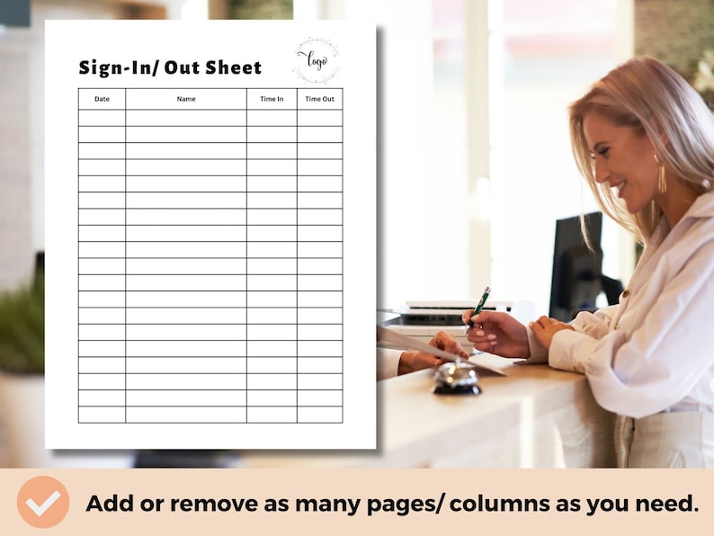 Sign in Sheet With Time, Printable Sign in Template for Front Desk ...