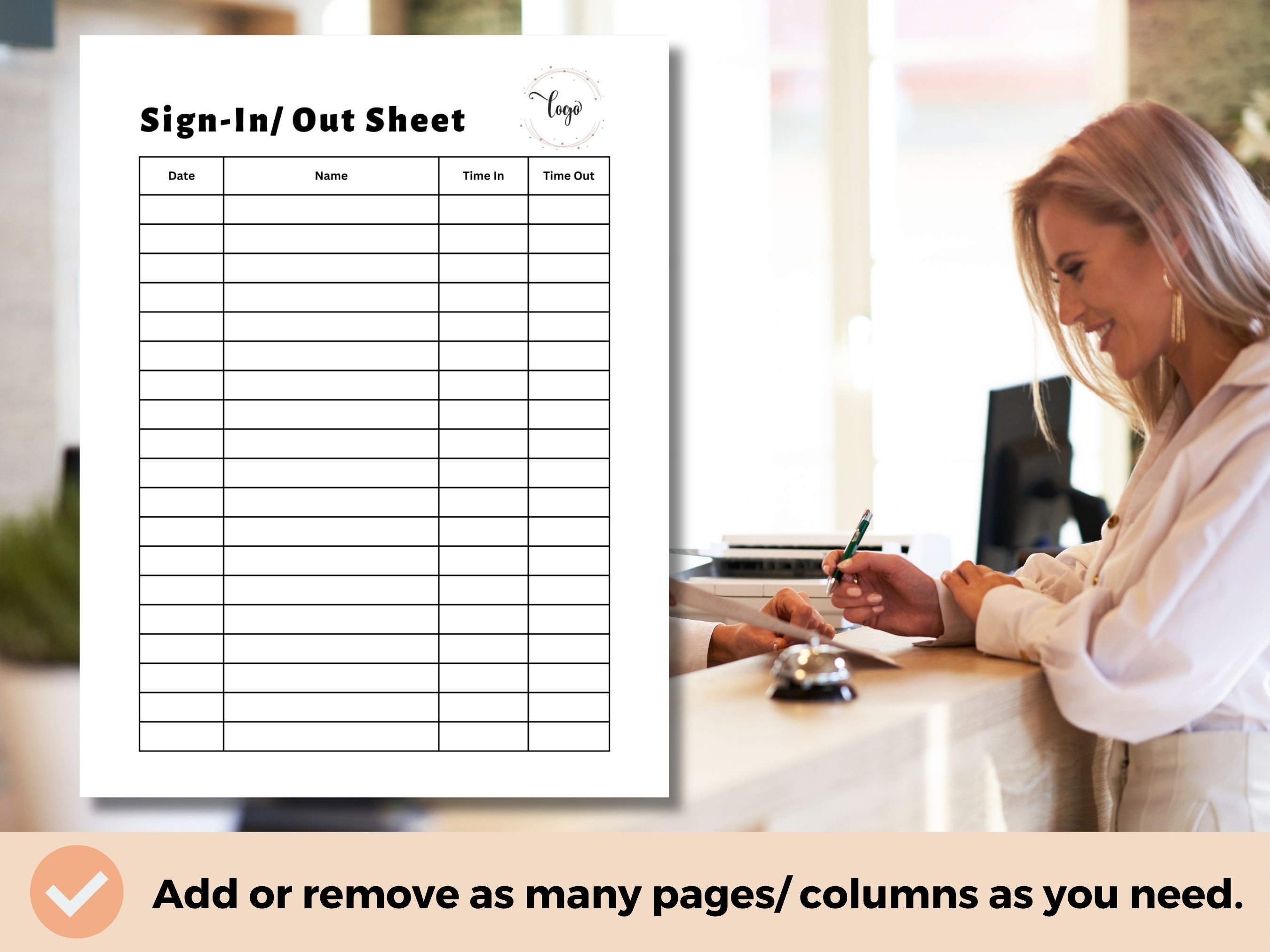 Sign in Sheet With Time, Printable Sign in Template for Front Desk ...