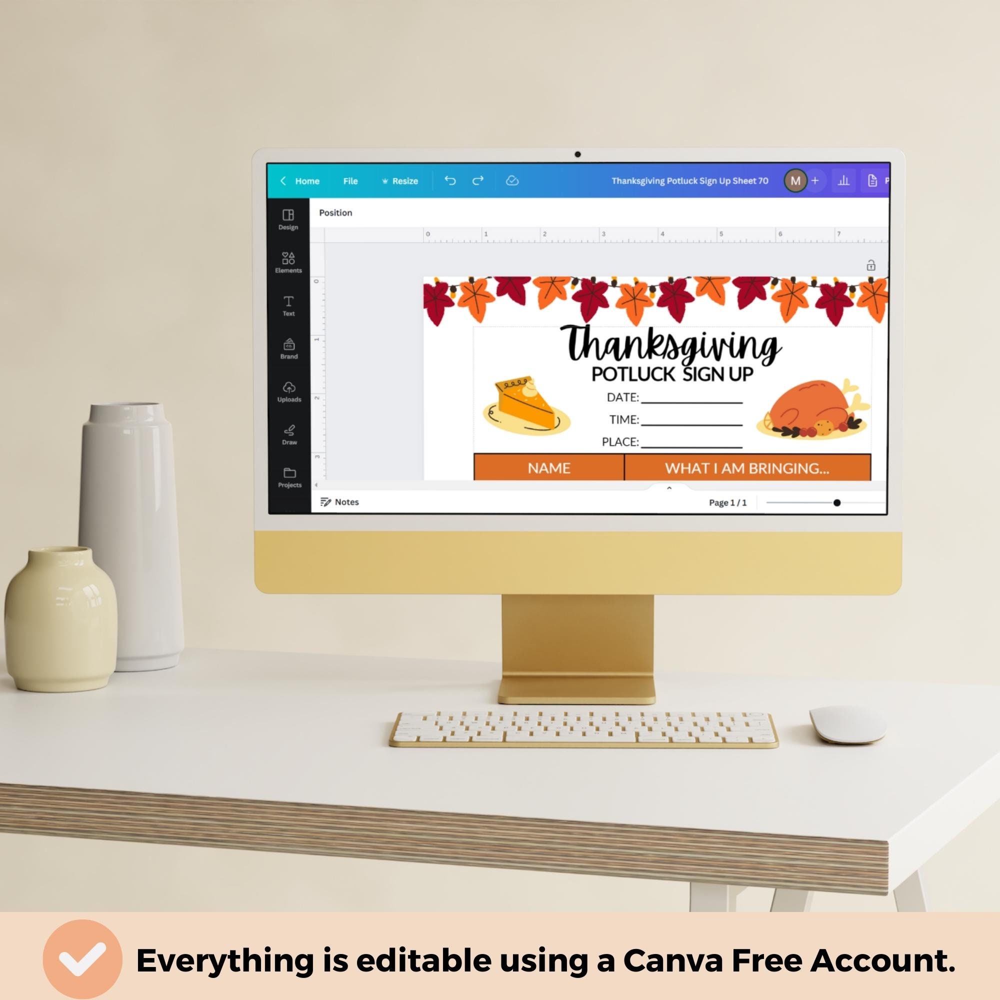 Thanksgiving Potluck Sign up Sheet, Editable Canva Template, Printable ...