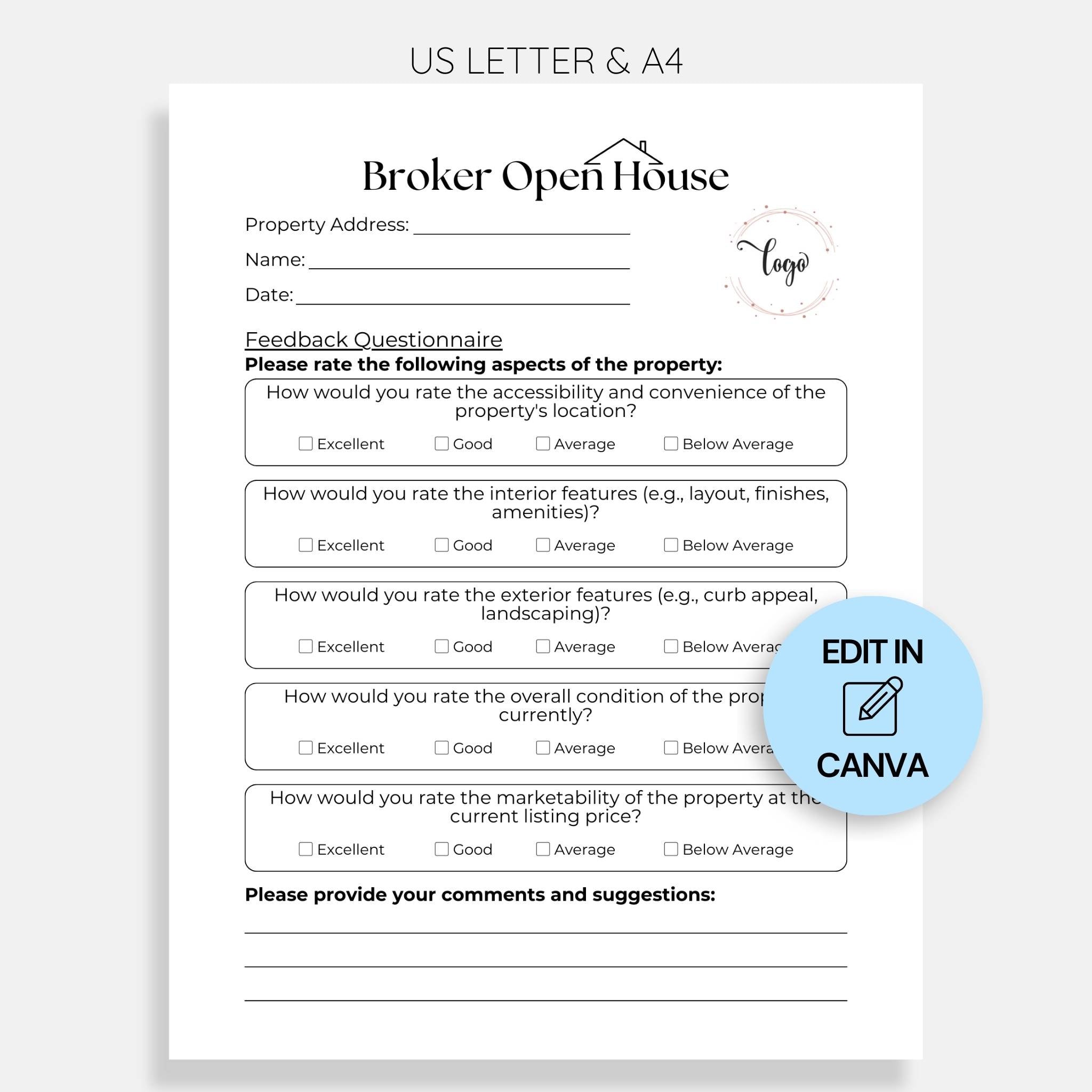 Real Estate Broker Open House Feedback Questionnaire Template, Printable Questionnaire for Open ...