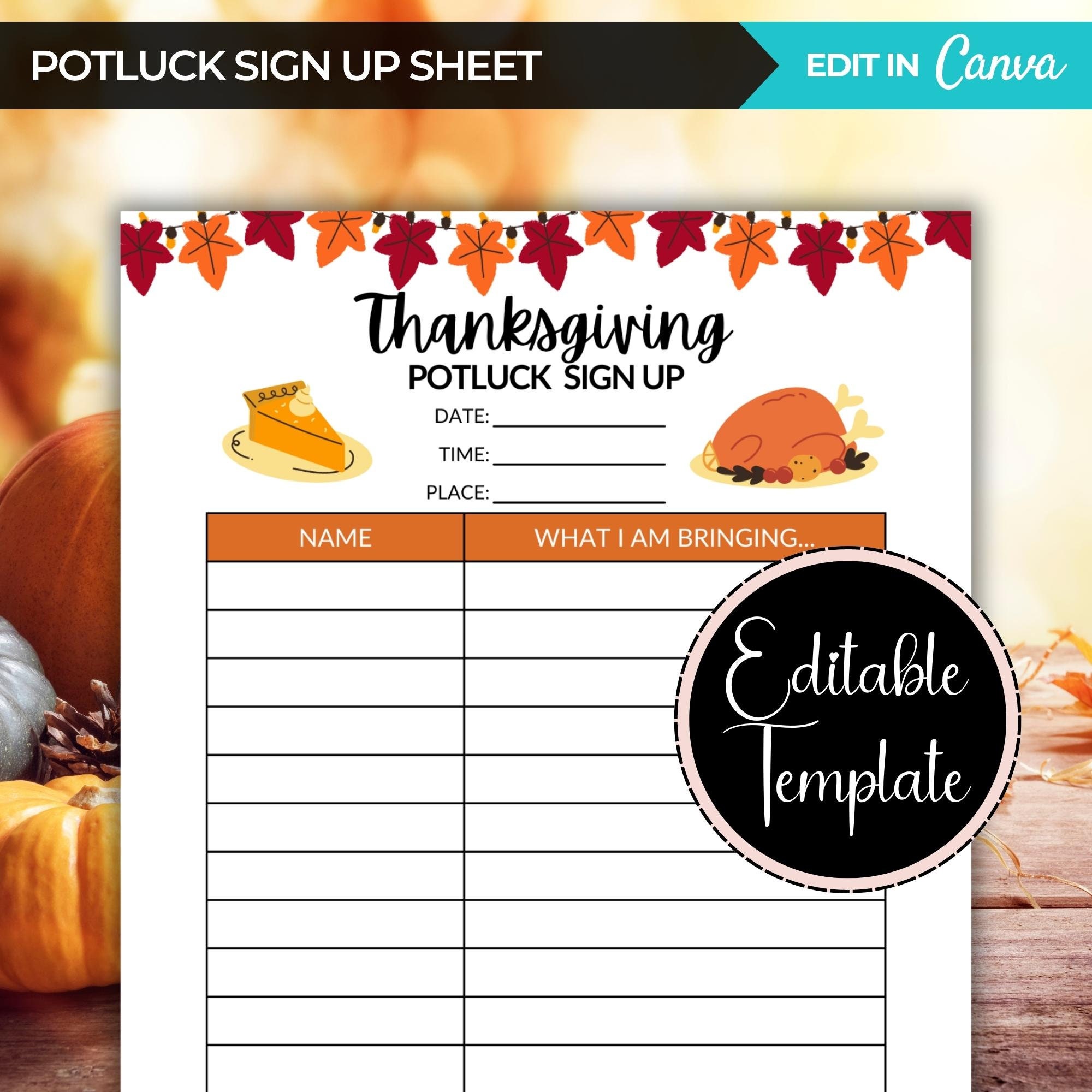 Thanksgiving Potluck Sign up Sheet, Editable Canva Template, Printable ...