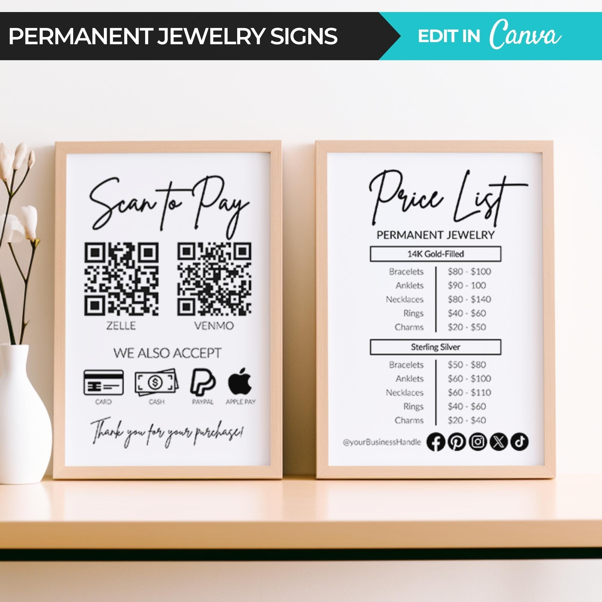 Permanent Jewelry Sign, Price List Sign Template, Canva Scan to Pay ...