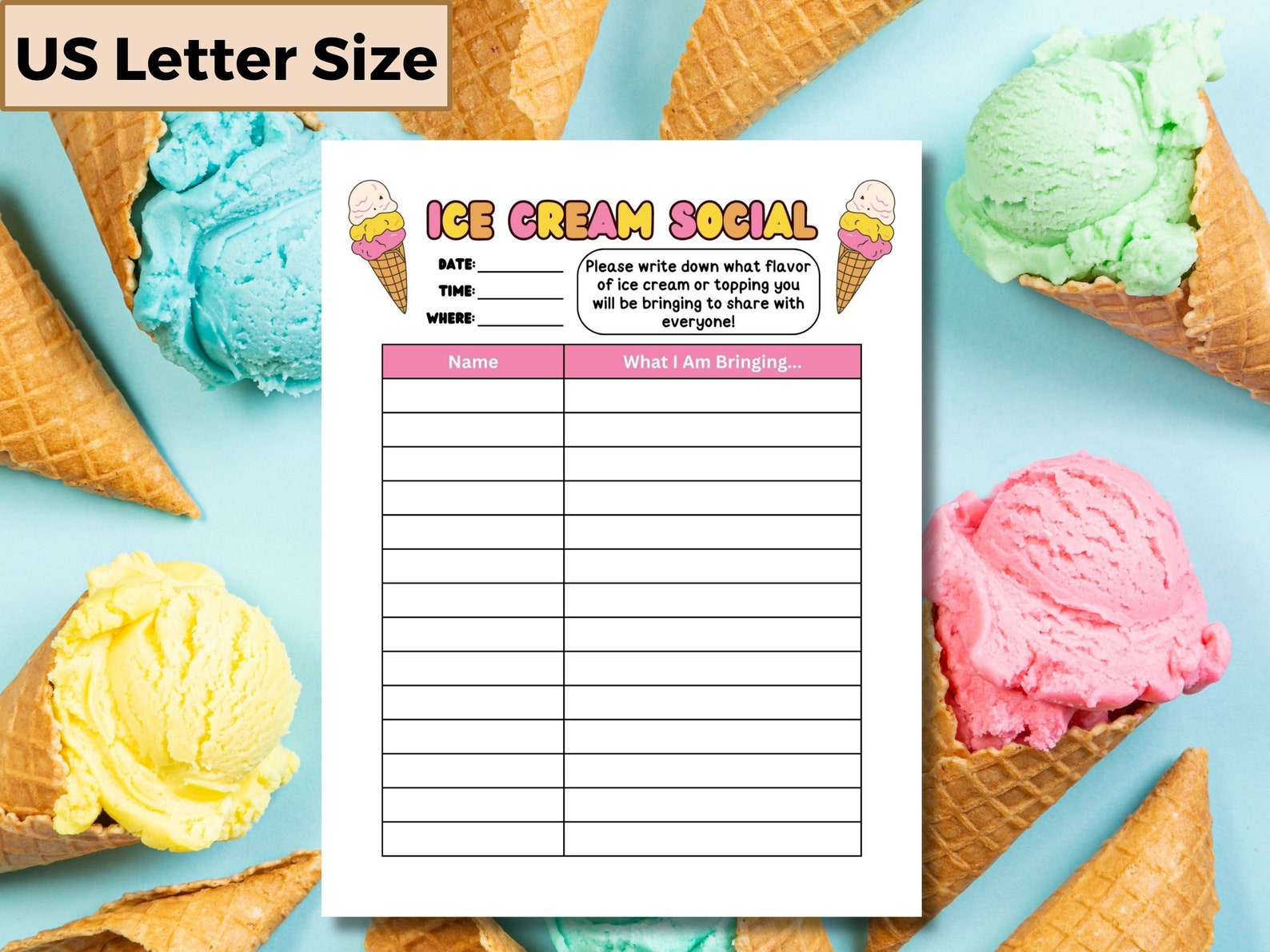 Ice Cream Social Sign up Sheet Potluck Sign up Sheet - Etsy