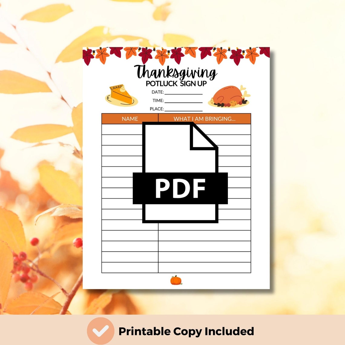 Thanksgiving Potluck Sign up Sheet, Editable Canva Template, Printable ...