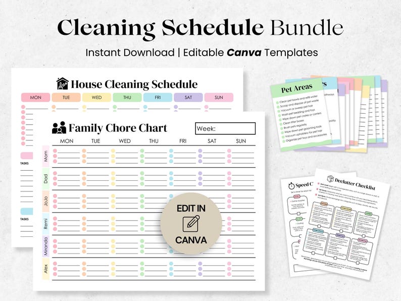 Editable Adult Chore Chart Bundle, Family Cleaning Schedule, Declutter ...