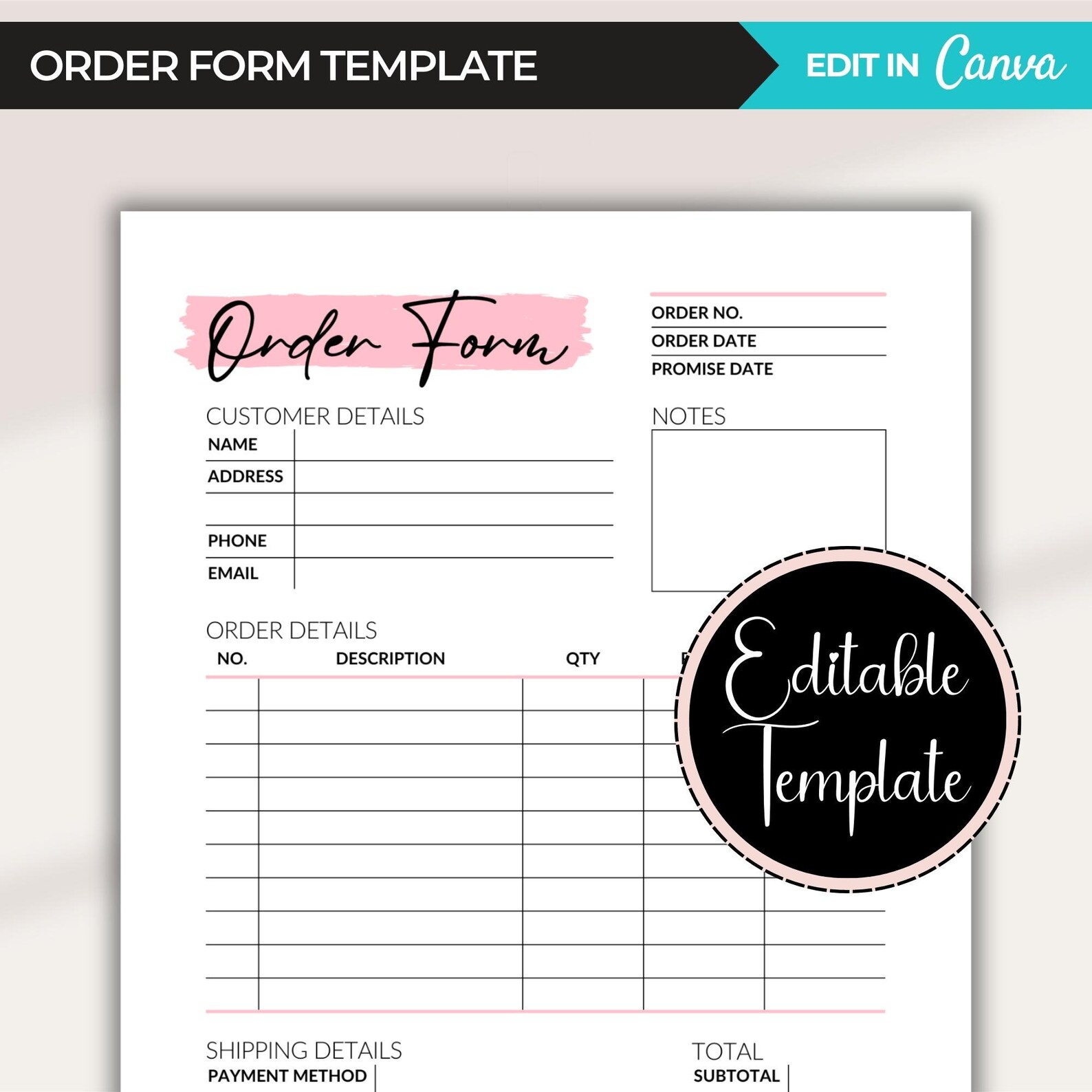 Pink Order Form Template Custom Order Form Editable Canva - Etsy