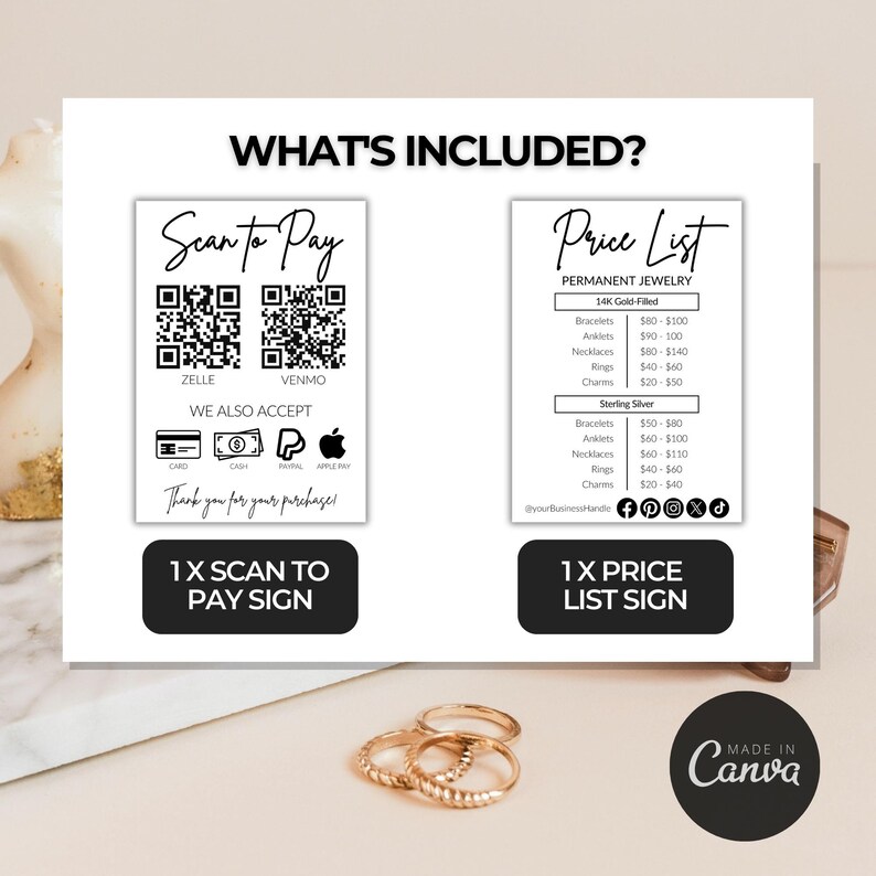 Permanent Jewelry Sign, Price List Sign Template, Canva Scan to Pay ...
